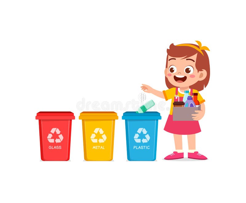 Little Kid Throw Plastic Waste To Recycle Bin Stock Vector ...