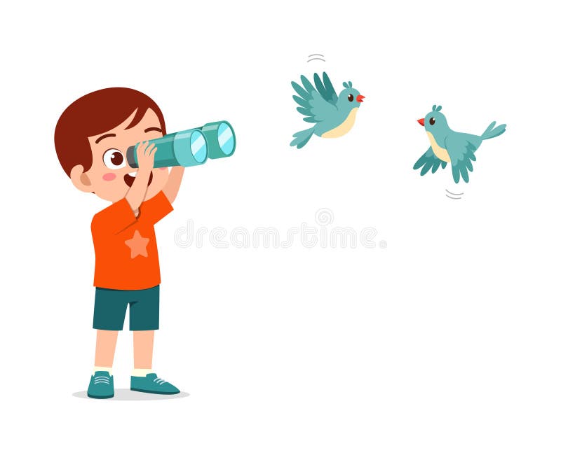 Little Kid Use Binocular To See Bird Fly Stock Illustration ...