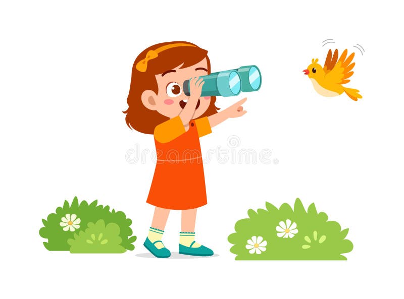 Little Kid Use Binocular To See Bird Fly Stock Illustration ...
