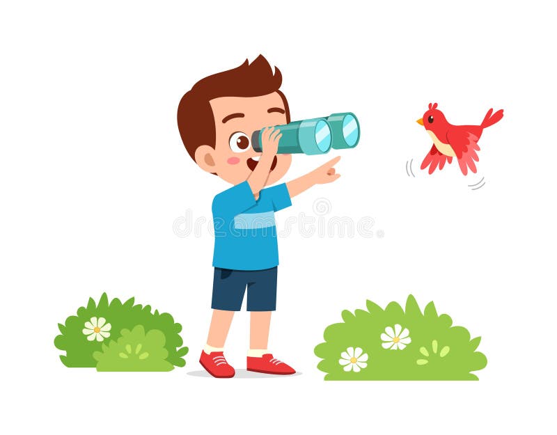 Little Kid Use Binocular To See Bird Fly Stock Vector - Illustration of ...