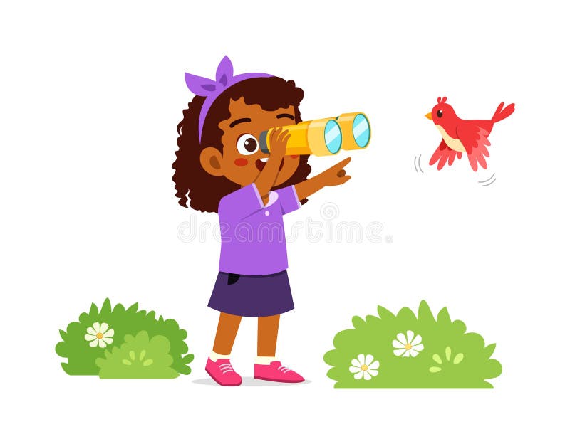 Little Kid Use Binocular To See Bird Fly Stock Illustration ...