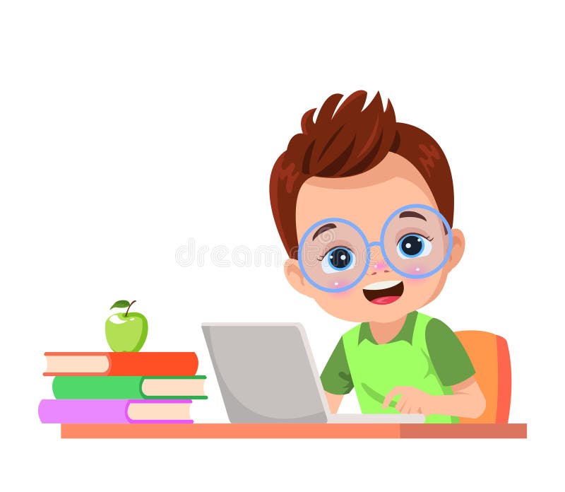 Cute Boy Working with His Computer at the Table Stock Vector ...
