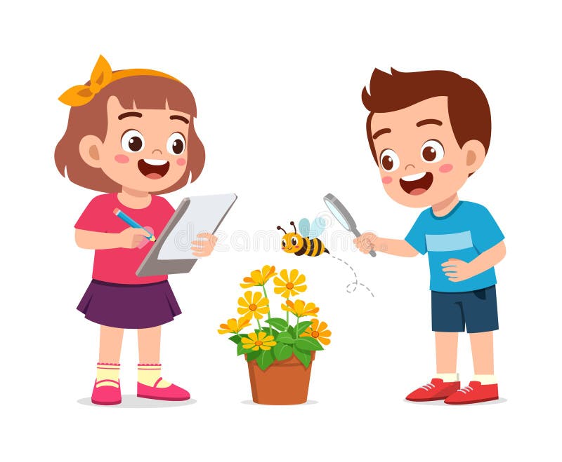 Little Kid Use Magnifying Glass To Observe Bee Stock Vector ...