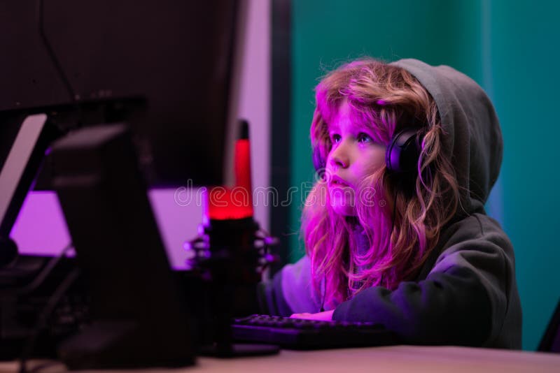 Little Kid Using Desktop Pc by Night, Child Boy Illuminated by the Blue ...