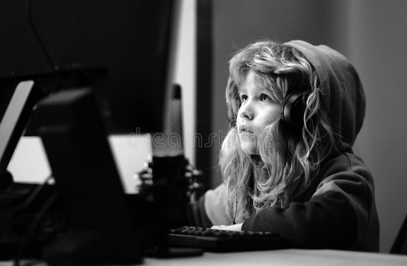 Little Kid Using Desktop Pc by Night, Child Boy Illuminated by the Blue ...
