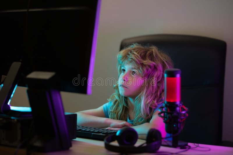 Little Kid Using Desktop Pc by Night, Child Boy Illuminated by the Blue ...