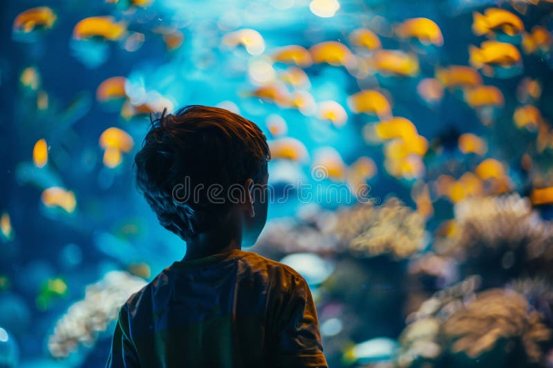 Little Kid Watching the Fish Swimming in Oceanarium Stock Illustration ...