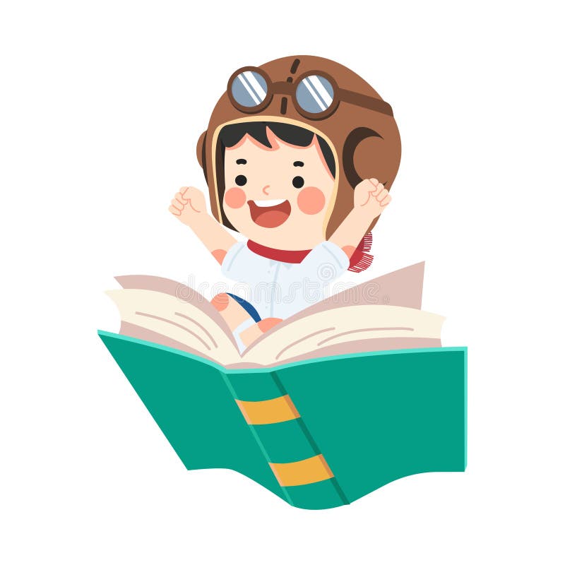 Little Kid Wearing a Pilot Hat Riding a Book and Fly Stock Vector ...