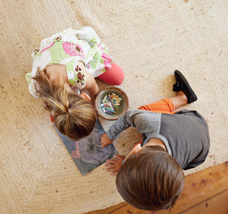 Little Kids Sitting on Floor Drawing with Color Chalks Stock Image ...