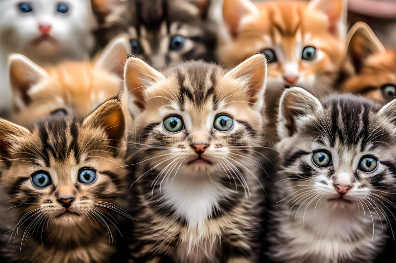 Little Kitten Face only Packed Together and Straight Look the Same Way ...