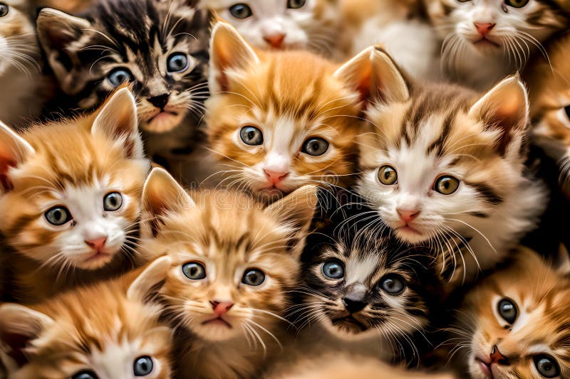 Little Kitten Face only Packed Together and Straight Look the Same Way ...