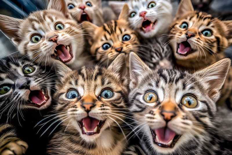 Little Kitten Face only Packed Together and Straight Look the Same Way ...