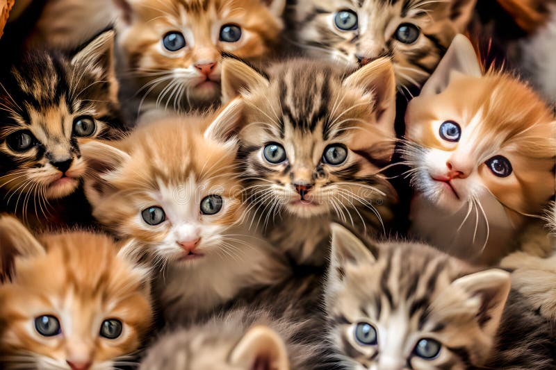 Little Kitten Face only Packed Together and Straight Look the Same Way ...