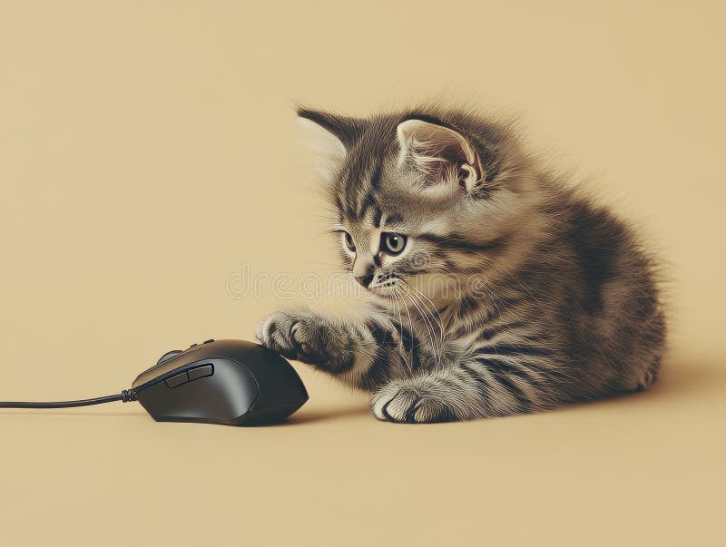 A Little Kitten is Having Fun Playing with a Computer Mouse, and a Cat ...