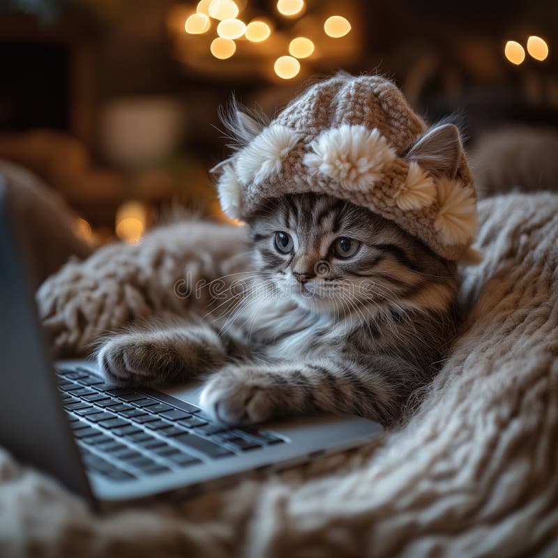 Little Kitten at the Laptop Stock Illustration - Illustration of meme ...