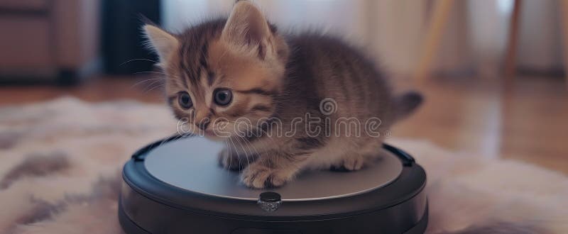 Little Kitten Riding a Robot Vacuum Cleaner Stock Image - Image of ...