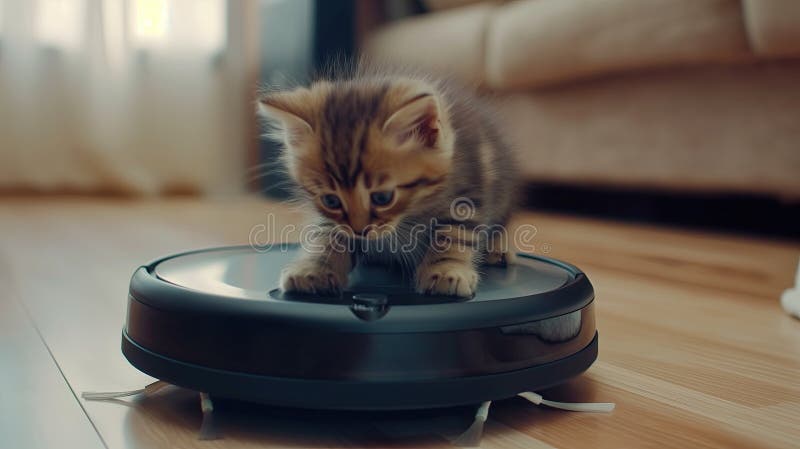 Little Kitten Riding a Robot Vacuum Cleaner Stock Photo - Image of ...