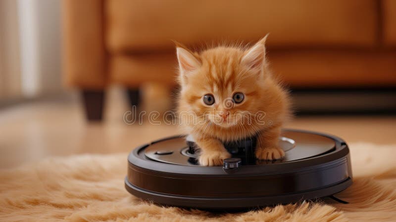 Little Kitten Riding a Robot Vacuum Cleaner Stock Photo - Image of ...