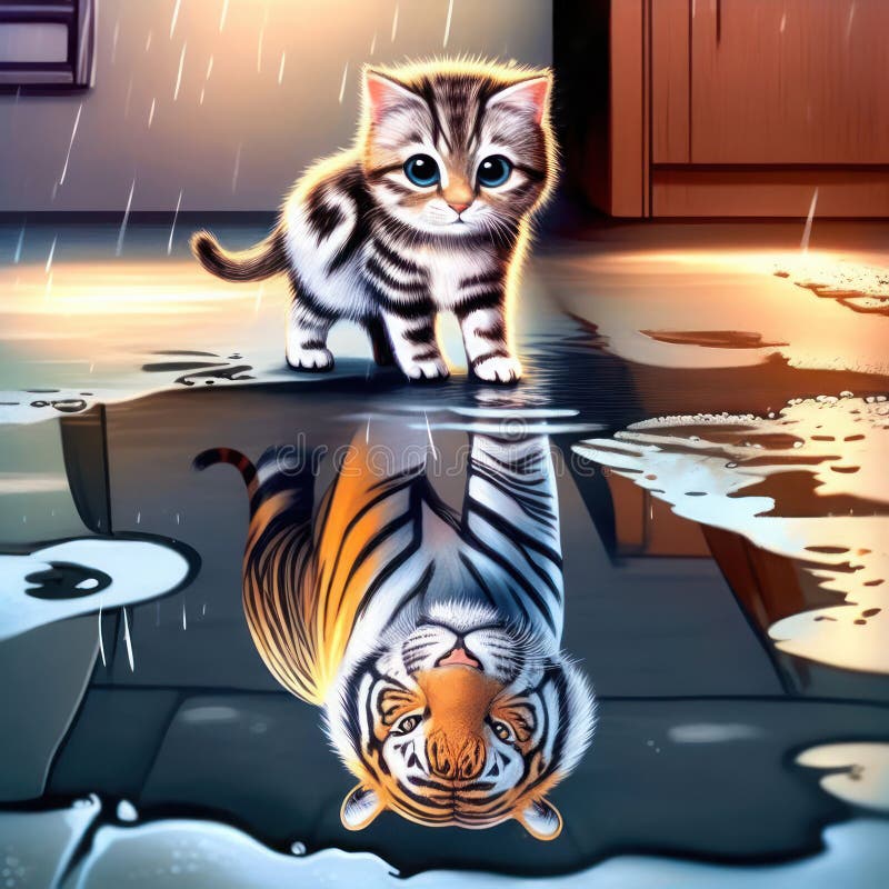 Little Kitten Seeing in the Reflection of a Puddle of a Big Tiger ...