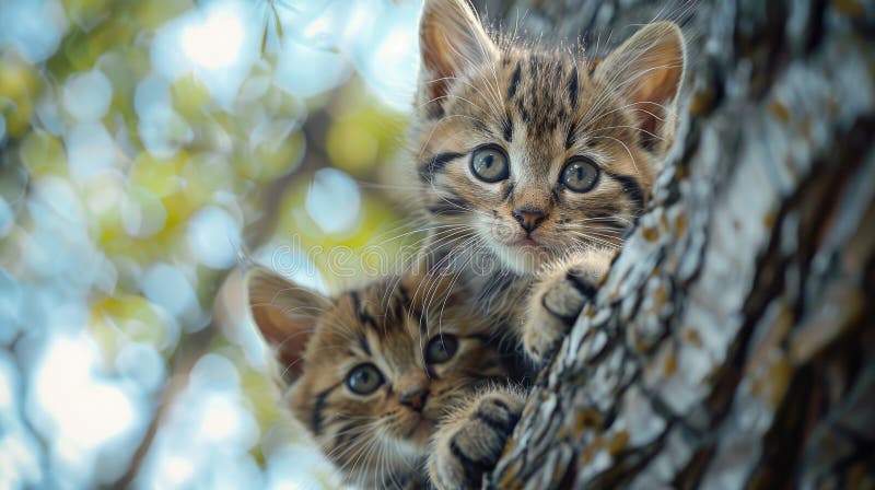 Little Kittens Nestled on a Tree, Mimicking Leaves Against the Backdrop ...