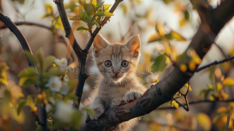 Little Kittens Nestled on a Tree, Mimicking Leaves Against the Backdrop ...