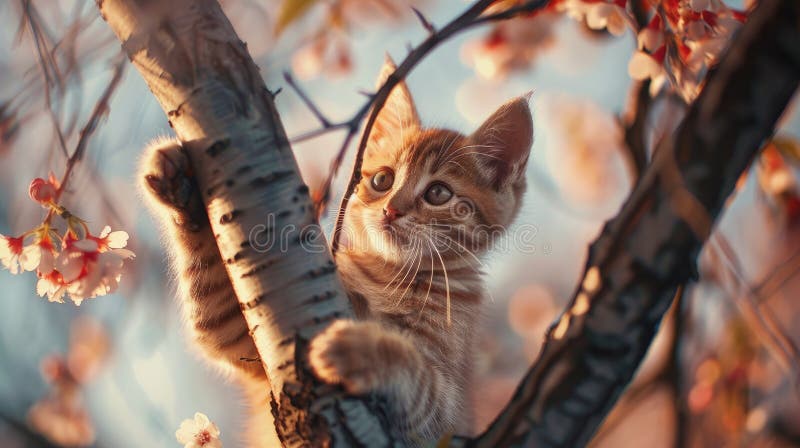 Little Kittens Nestled on a Tree, Mimicking Leaves Against the Backdrop ...