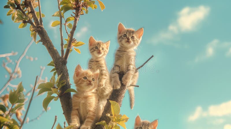 Little Kittens Nestled on a Tree, Mimicking Leaves Against the Backdrop ...