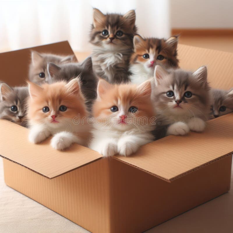 Little Kittens Sitting in a Cardboard Box. Stock Illustration ...