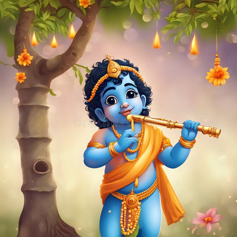 Little Krishna with Flute Standing Bedside Tree Stock Illustration ...