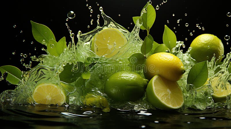 Little Lime with Splash of Juice and Leaves Background Defocused Stock ...