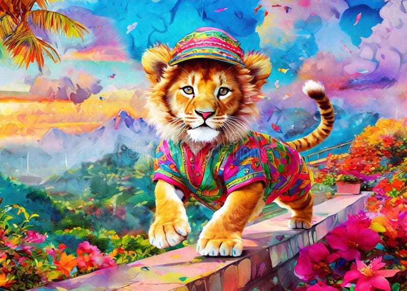 Little Lion Boy Taking a Walk in a Colorful Garden Stock Illustration ...