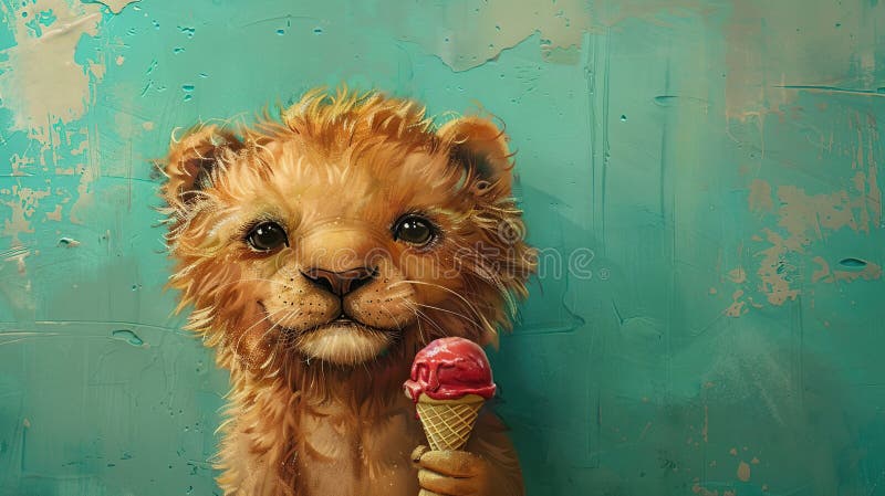 Little Lion Holding Ice Cream Cone. Generative Ai Stock Illustration ...