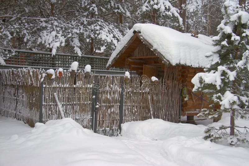 Little Log Hut in Winter Garden Stock Image - Image of rooster ...