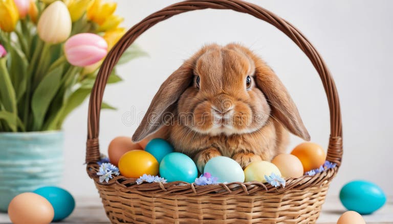 Little Lop-eared Rabbit is the Symbol of Easter. Rabbit in a Basket ...