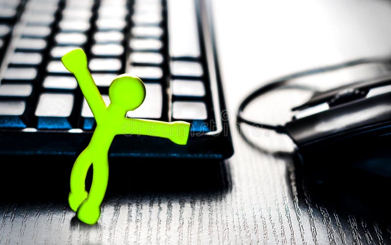 Little Man Near the Computer Keyboard and Mouse Stock Photo - Image of ...