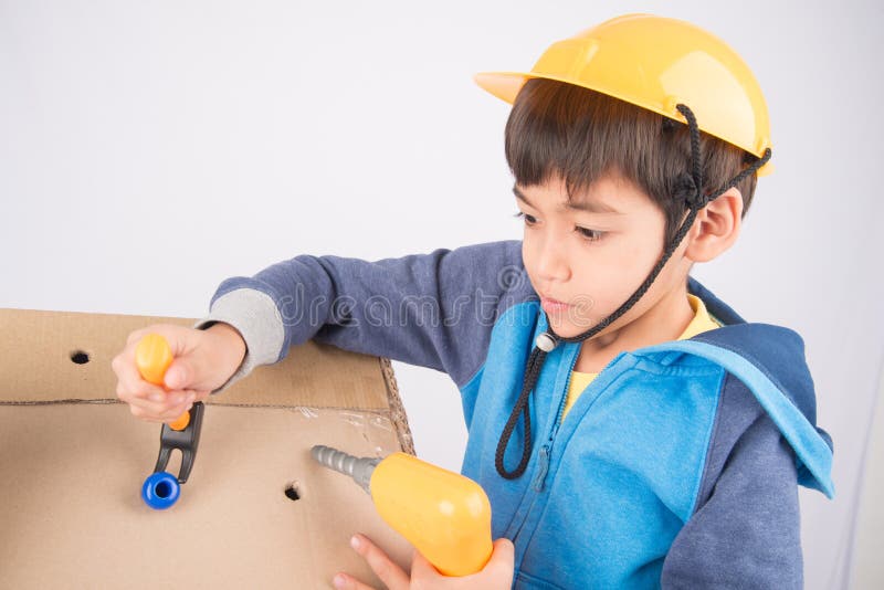 Little Mechanic Fixing the Paper House Stock Photo - Image of builder ...