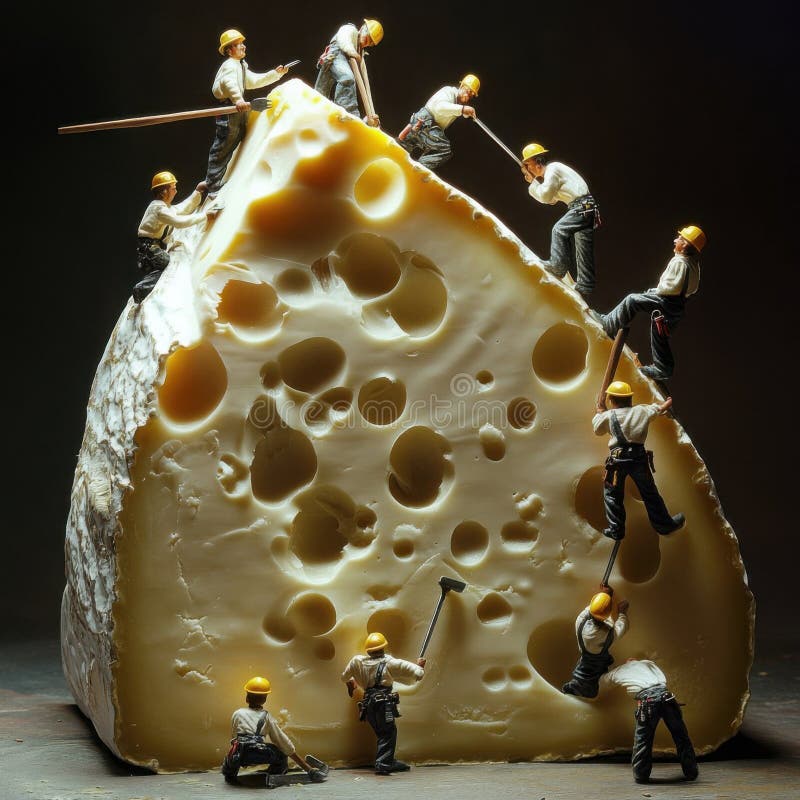 Little Men in Overalls Climbing a Large Piece of Cheese Stock ...