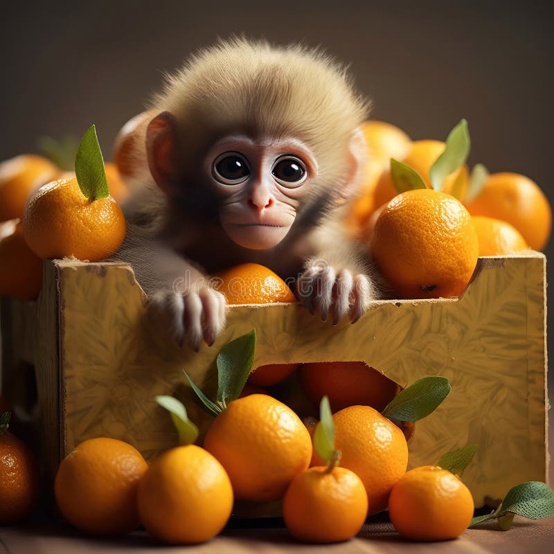 Little Monkey in a Box with Tangerines Stock Illustration ...