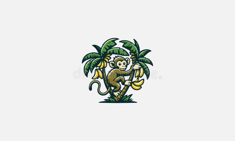 Little Monkey Climbing a Banana Tree Vector Logo Design Stock Vector ...