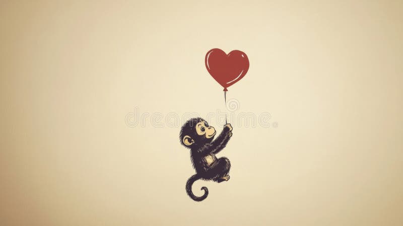 A Little Monkey Holding a Red Heart Balloon Stock Illustration ...