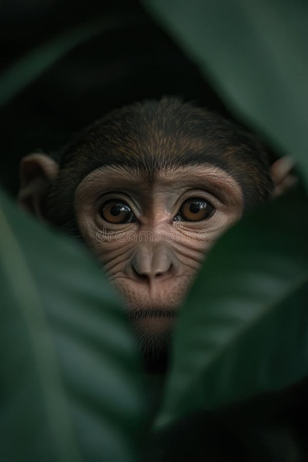 A Little Monkey Peeks through Green Leaves Stock Illustration ...
