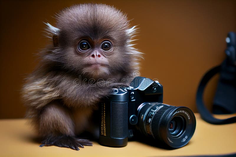 Little Monkey Photographer with Long Hair. AI Generated Stock ...