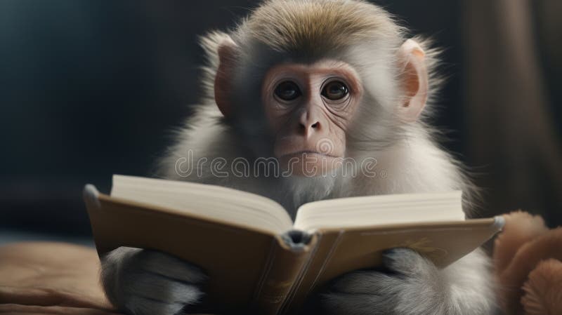Little Monkey Reading a Book in a Dark Room, Close-up. Stock ...