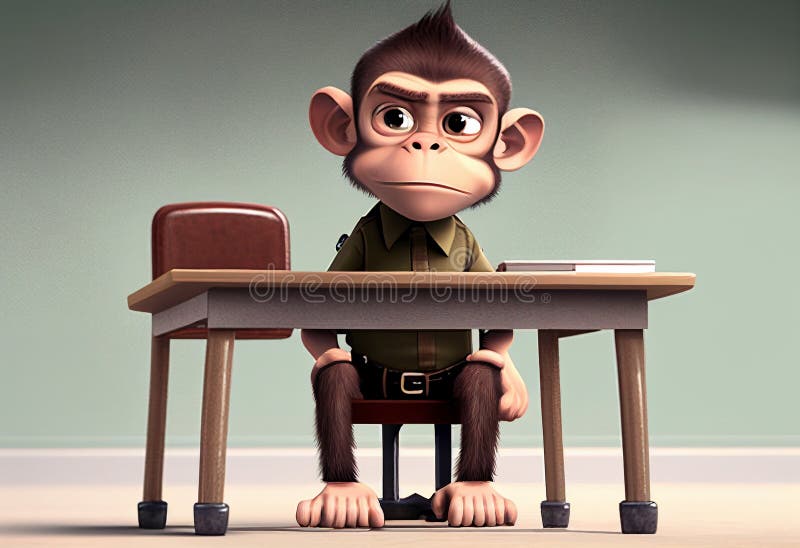 A Little Monkey Sits at a School Desk in a Cartoon Style. AI Generated ...