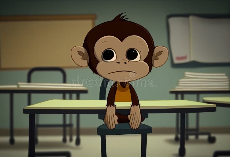 A Little Monkey Sits at a School Desk in a Cartoon Style. AI Generated ...