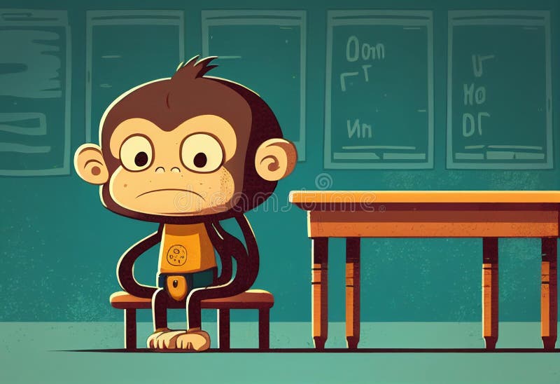 A Little Monkey Sits at a School Desk in a Cartoon Style. AI Generated ...