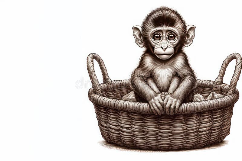 A Little Monkey Sitting in a Basket. Space for Text. Stock Photo ...