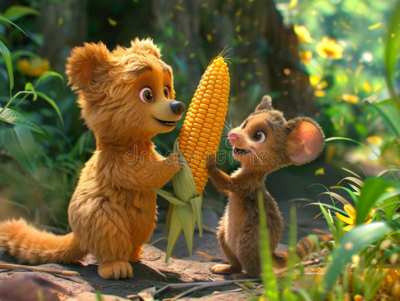 Little Mouse and a Little Bear Stand Side by Side, Both Carrying a Head ...