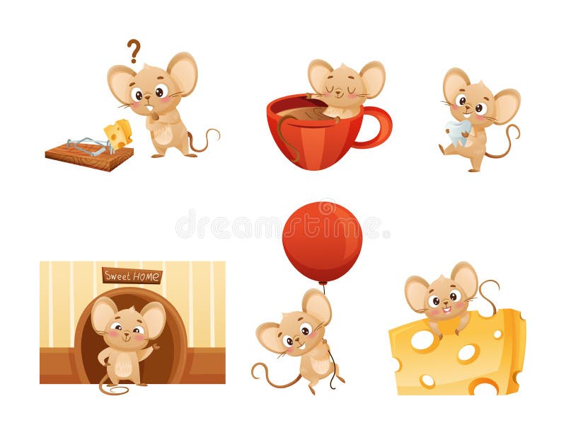 Little Mouse Character with Long Tail and Big Ears Engaged in Different ...