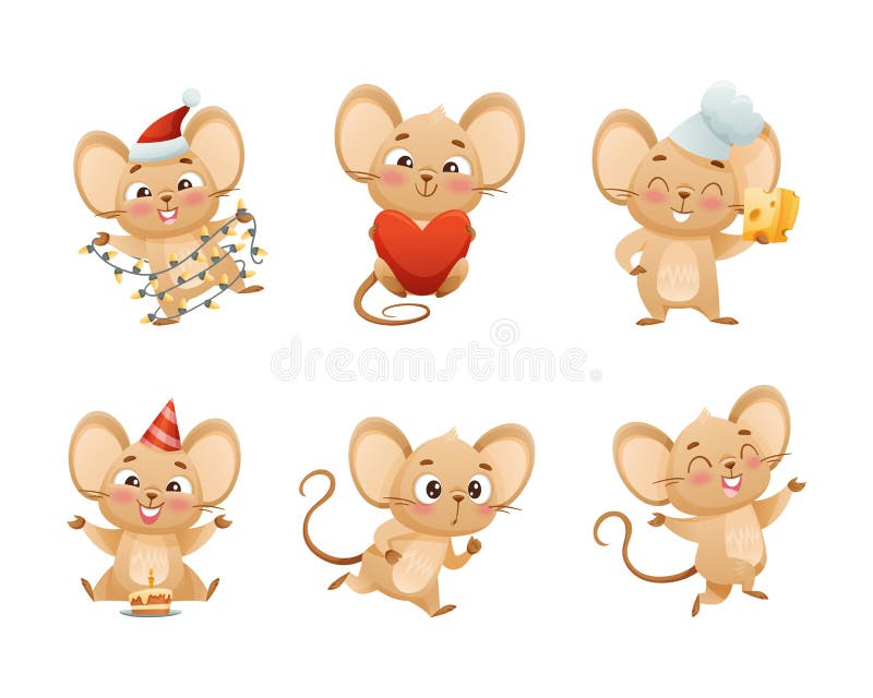 Little Mouse Character with Long Tail and Big Ears Engaged in Different ...